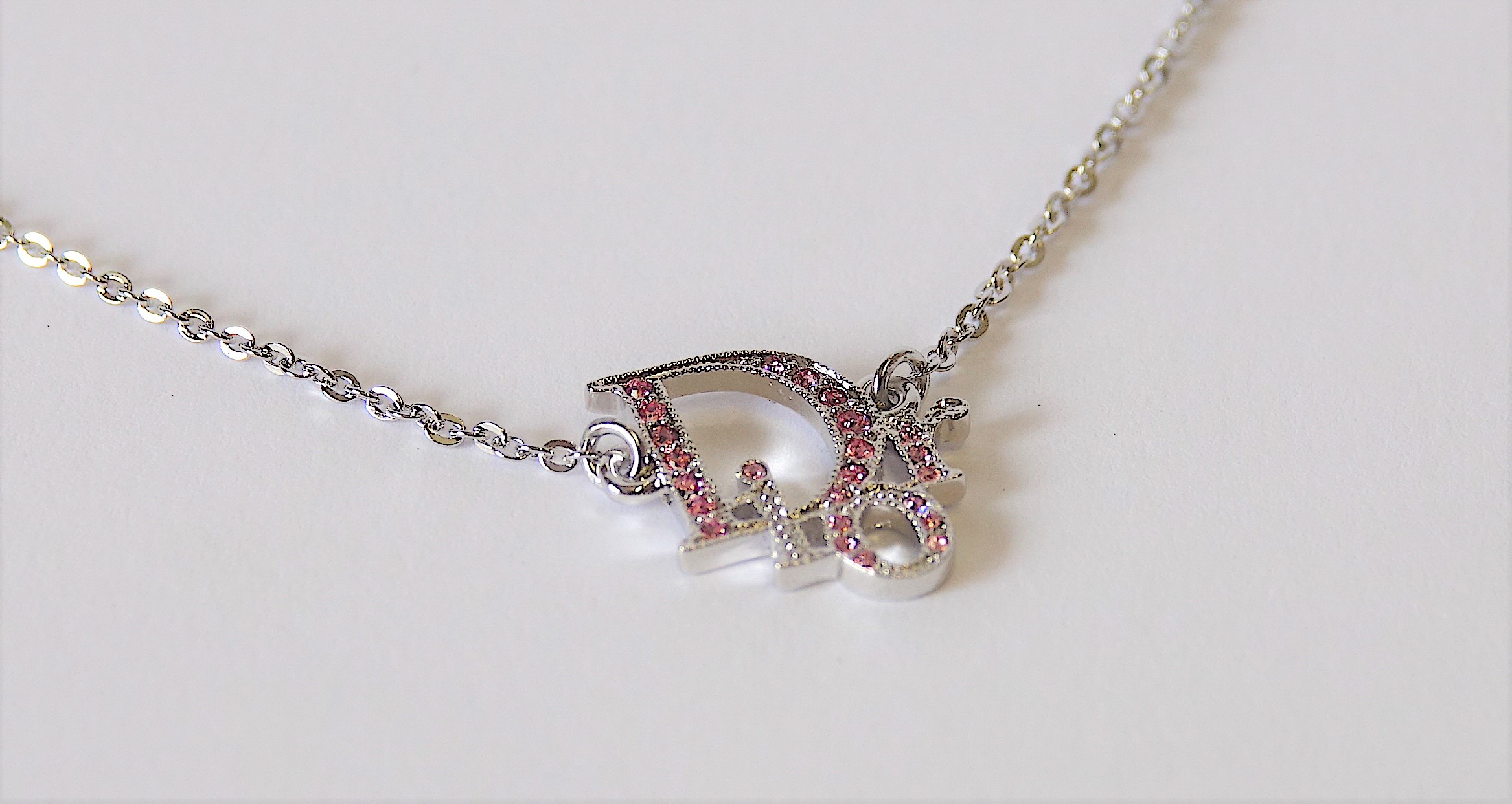 Christian Dior Logo Pink color rhinestone silver chain 41 cm - Vintage ...