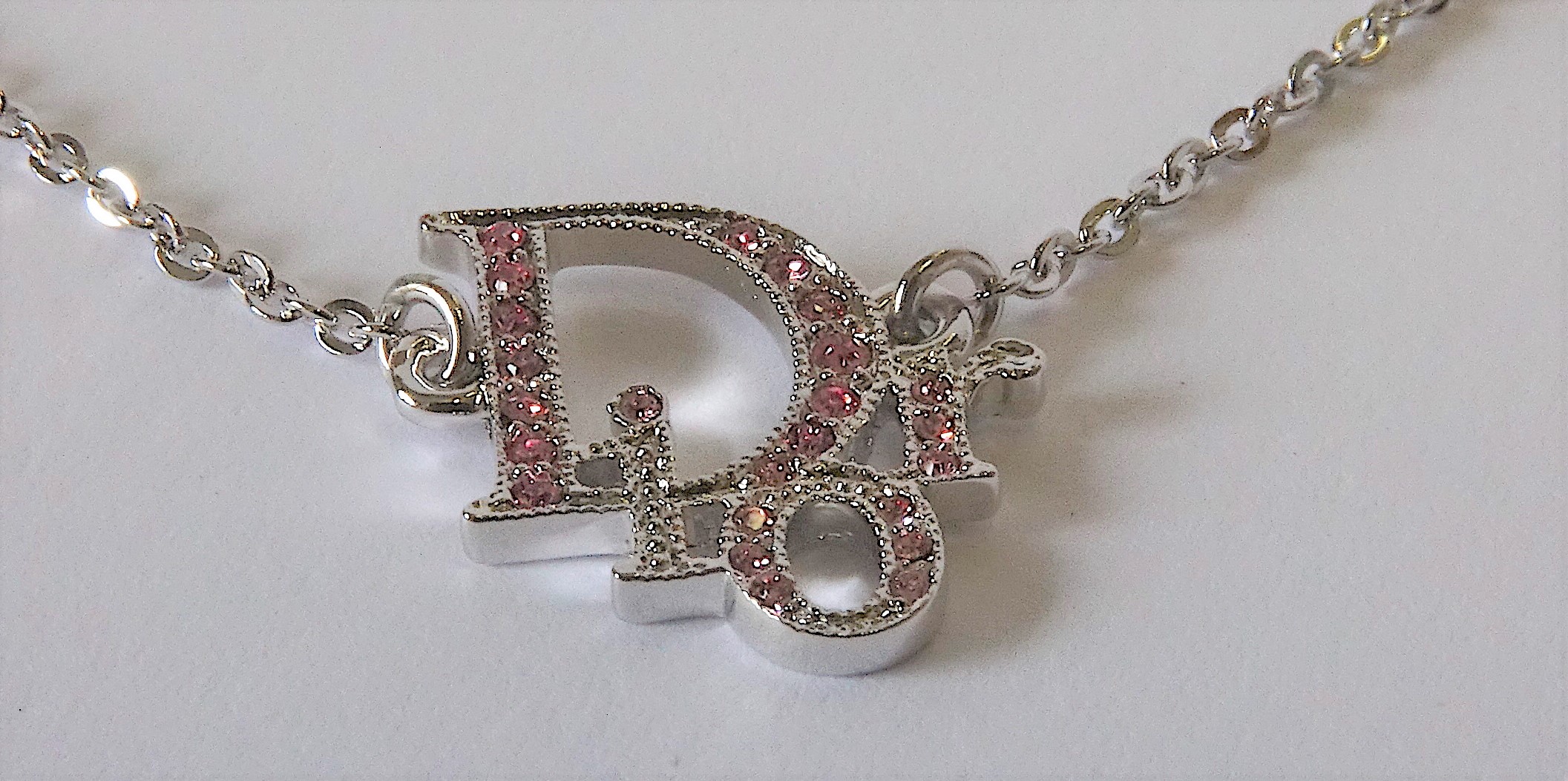 Christian Dior Logo Pink color rhinestone silver chain 41 cm - Vintage ...
